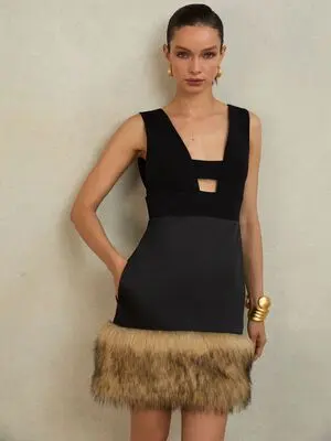 REISS Atelier Satin Faux-fur Trim Mini Dress - Black/brown
