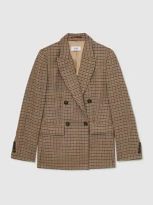 REISS Petite Wool Houndstooth-check Double-breasted Blazer - Beige/brown