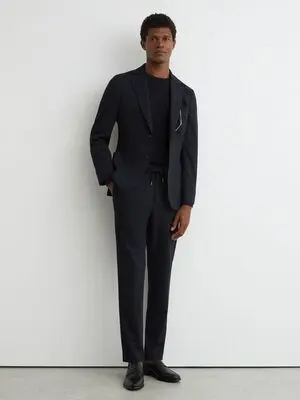 REISS Tailored Fit Textured Jersey Drawstring Suit Trousers - Navy