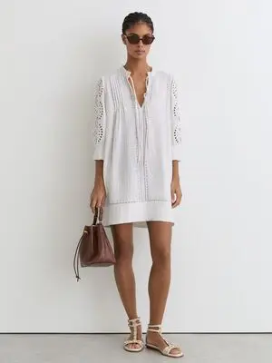 REISS Cotton Cheesecloth Broderie Mini Dress - Ivory