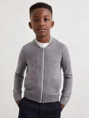 REISS Grey & White 3-9 Yrs Zip-through Bomber Cardigan With Wool