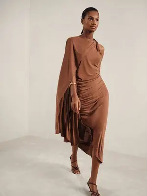 REISS Ruched Cape Sleeve Jersey Dress - Brown