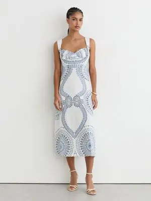 REISS Linen Floral-print Midi Dress - Ivory/blue