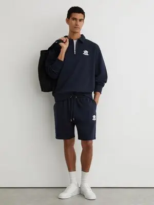 REISS Monogram Embroidered Cotton Shorts - Navy