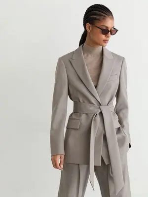 REISS Wool-blend Single-breasted Belted Blazer - Grey
