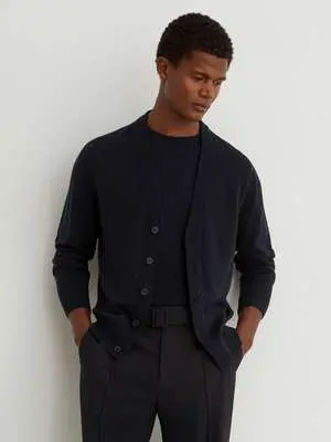 REISS Merino Wool V-neck Cardigan - Navy