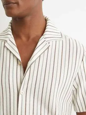 REISS Brown & Ecru Textured-stripe Cuban-collar Shirt Cotton-blend - Green/brown Multi