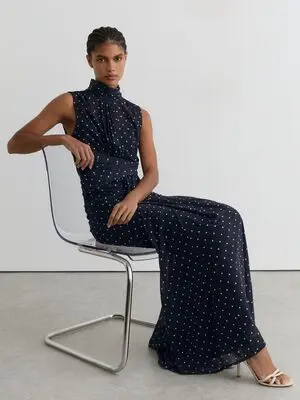 REISS Stacey Polka-Dot Print Sleeveless Maxi Dress Navy