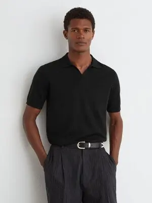 REISS Merino Wool Open-collar Polo Shirt Black