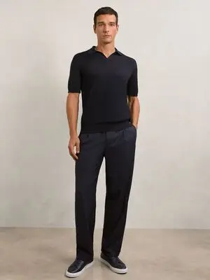 REISS Merino Wool Open-collar Polo Shirt - Navy