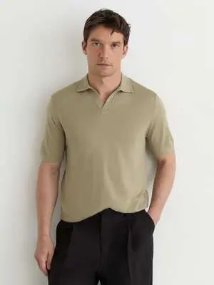 REISS Merino Wool Open-collar Polo Shirt - Soft Olive Green