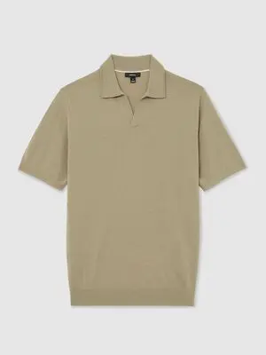 REISS Merino Wool Open-collar Polo Shirt - Soft Olive Green