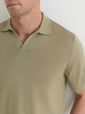 REISS Merino Wool Open-collar Polo Shirt - Soft Olive Green