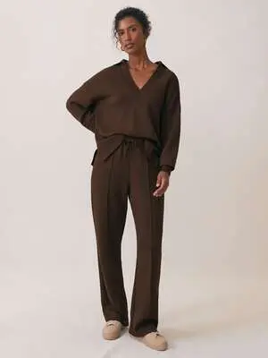REISS Premium Interlock Wide-leg Joggers - Chocolate