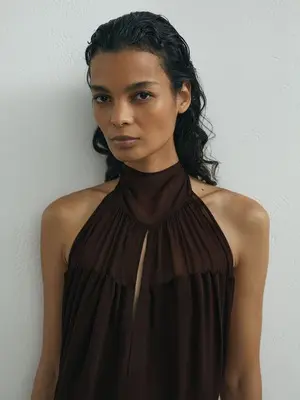 ATELIER Chiffon Draped Halterneck Maxi Dress - Chocolate