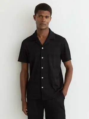 REISS Textured-wave Cuban-collar Shirt - Black