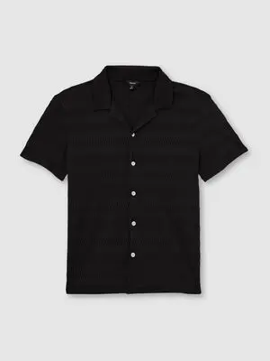 REISS Textured-wave Cuban-collar Shirt - Black