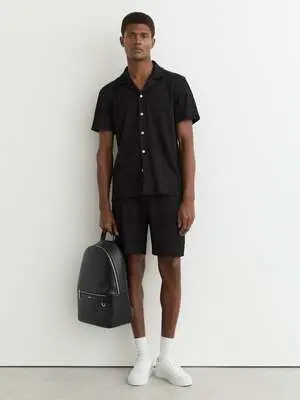 REISS Textured-wave Cuban-collar Shirt - Black