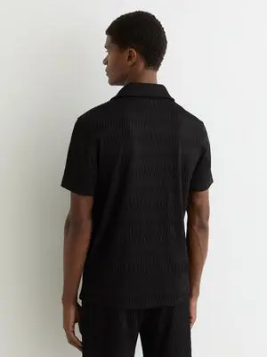 REISS Textured-wave Cuban-collar Shirt - Black