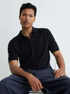 REISS Check-texture Short-sleeve Polo Jumper With Wool - Navy