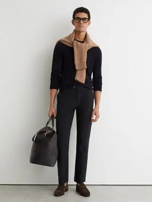 REISS Cotton Piqué Chino Trousers - Navy