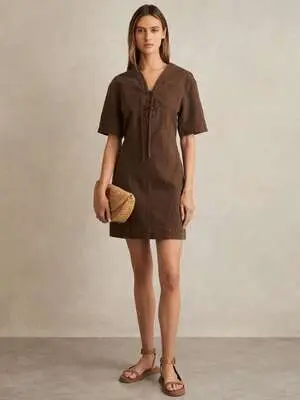 REISS Cotton Lace-up Denim Shirt Dress