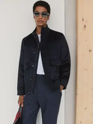 REISS Wool-blend Funnel-neck Bomber Jacket - Navy