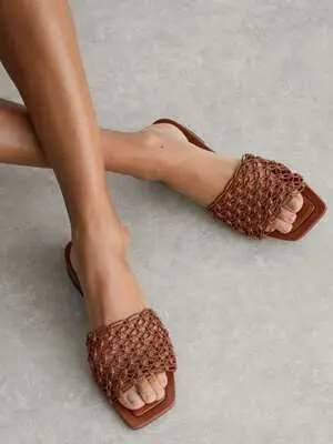 REISS Woven Flat Denim Sandals - Tan