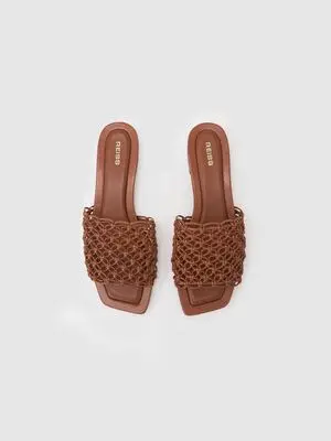 REISS Woven Flat Denim Sandals - Tan