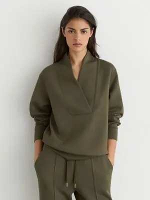 REISS Premium Interlock Shawl-neck Sweatshirt With - Khaki Green