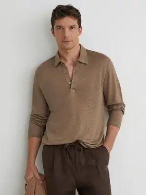 REISS Linen Long-sleeve Knitted Polo Shirt - Brown