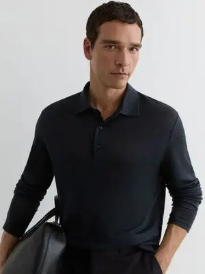 REISS Linen Long-sleeve Knitted Polo Shirt - Navy