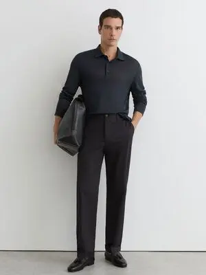 REISS Linen Long-sleeve Knitted Polo Shirt - Navy