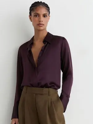 REISS Petite Silk-satin Concealed-placket Shirt