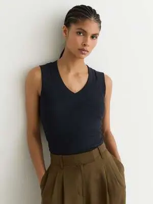 REISS Stretch-cotton Rib Ruched V-neck Vest - Navy