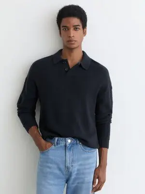 REISS Wool-blend Half-button Polo Jumper - Navy
