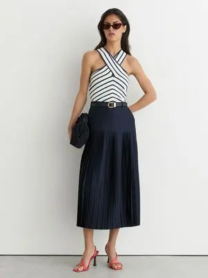 REISS Satin Pleated Midi Skirt - Navy