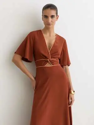 REISS Rust Piped-trim Cut-out Midi Dress
