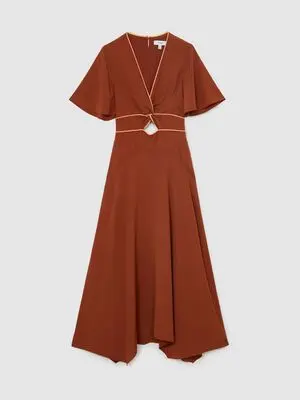REISS Piped-trim Cut-out Midi Dress - Rust Orange