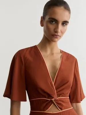 REISS Piped-trim Cut-out Midi Dress - Rust Orange