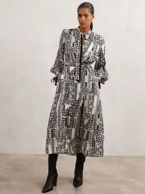 REISS Geometric-print Tie-neck Dress - Black/ivory