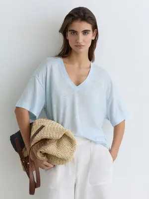 REISS Linen V-neck T-shirt - Blue