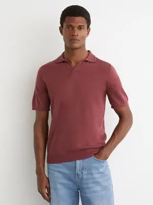 REISS Merino Wool Open Collar Polo Shirt Raspberry Pink