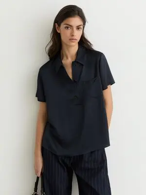 REISS Silk Half-button Short-sleeve Shirt - Navy