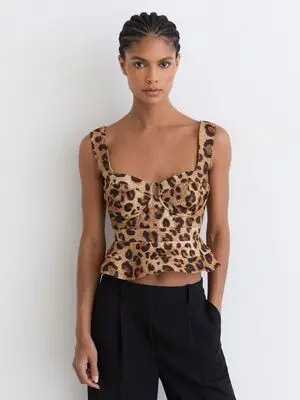 REISS Cotton Leopard-print Bustier Top - Neutral