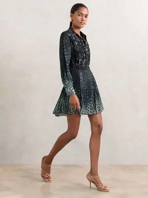 REISS Printed Pleated Shirt Dress - Navy