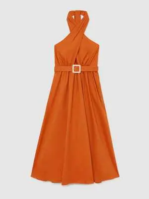 REISS Cotton Halterneck Belted Midi Dress