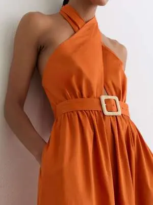 REISS Cotton Halterneck Belted Midi Dress