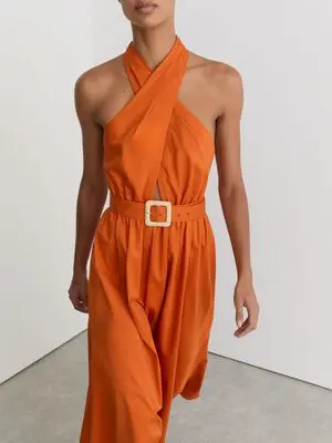REISS Cotton Halterneck Belted Midi Dress