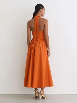 REISS Cotton Halterneck Belted Midi Dress